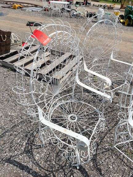 Wire patio chairs, 19" seats x 47"H, bench- 44"W x 48"H, have been ...