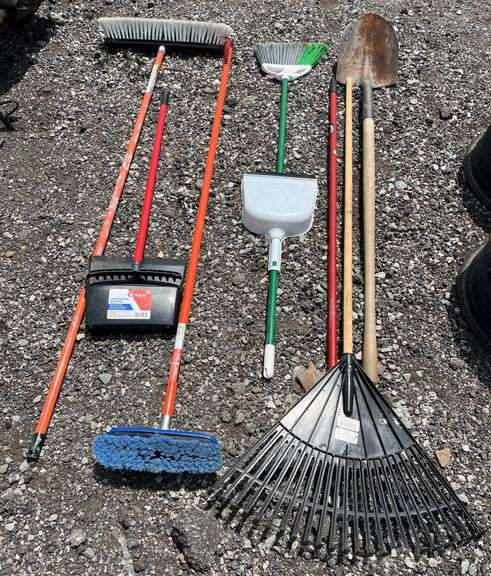 Dirt shovel, (2) House brooms, leaf rake, car wash brush, long handle ...