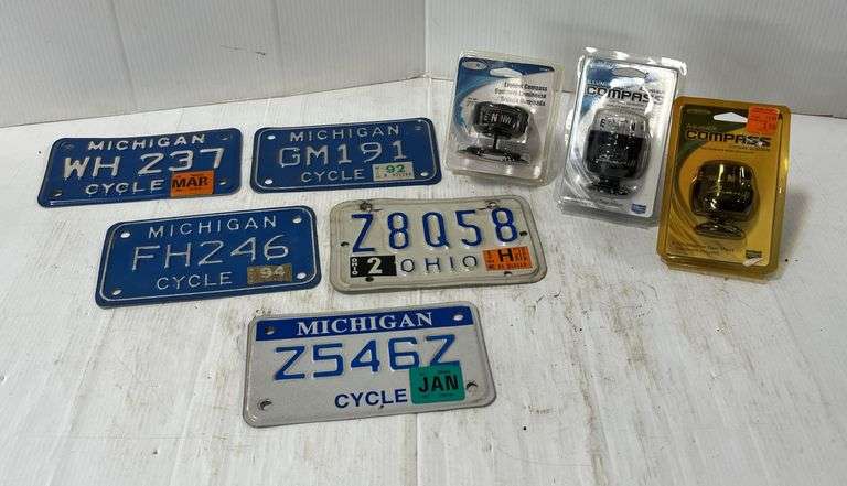 (5) Boat license plates, 7"W; (3) Compasses, NIP - Albrecht Auction Service