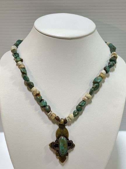 Native American turquoise and beaded necklace with brass cross pendant ...