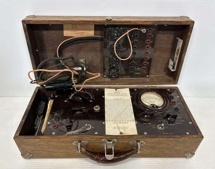 Old Triplett tube tester in oak case, case- 16 1/2"W x 7"D x 5 1/2"H ...