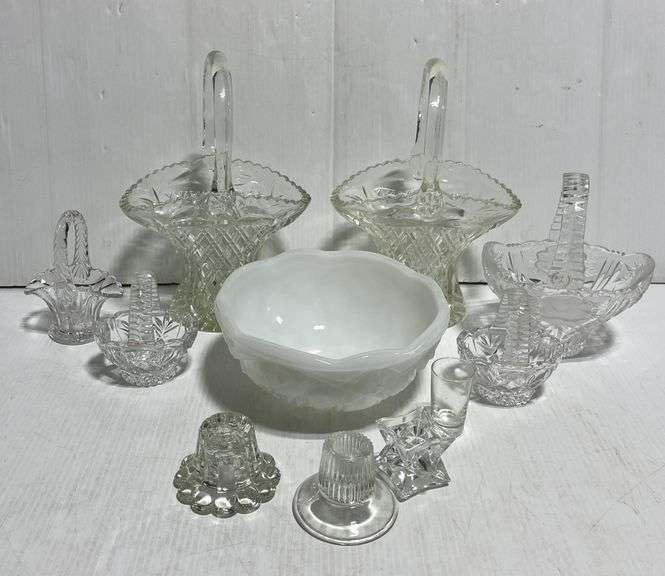 Milk glass bowl, princess house 24% lead crystal baskets, 1920s era ...