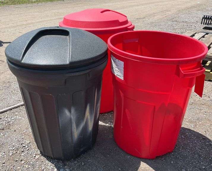 (3) Outdoor plastic trash cans: 2- Red Ace Hardware, and 1- Black, all ...