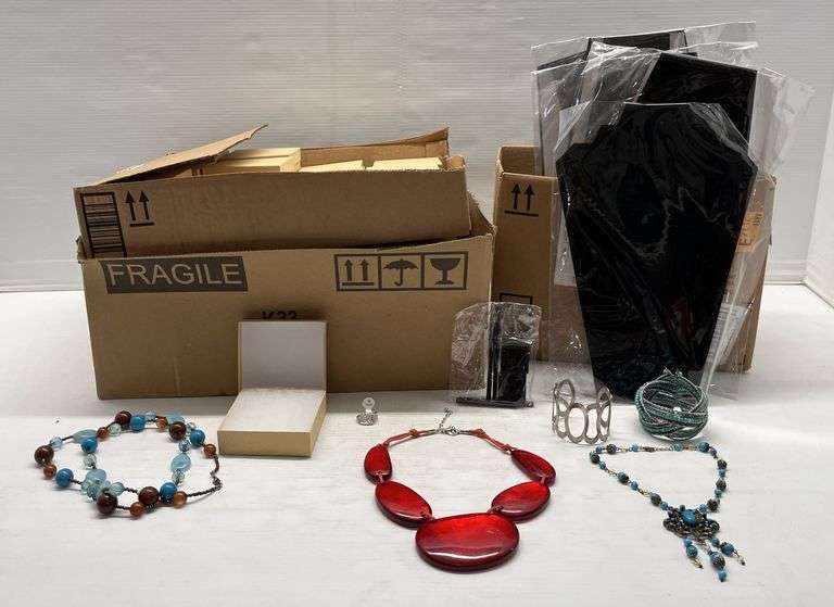 Various jewelry with boxes and displays, up to 12 3/4"H, Except where ...