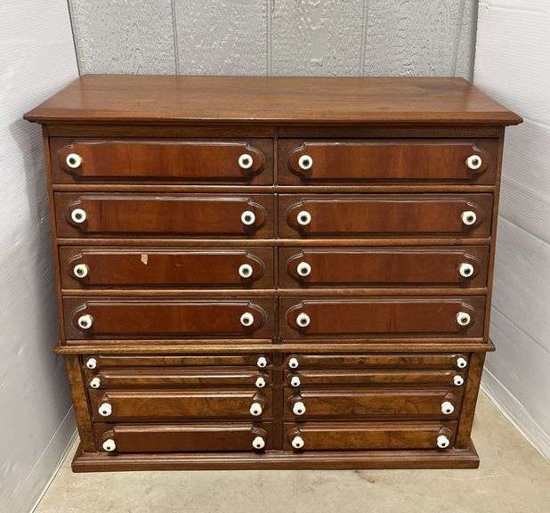 Store wood inventory chest, 33"W x 17"D x 28"H - Albrecht Auction Service