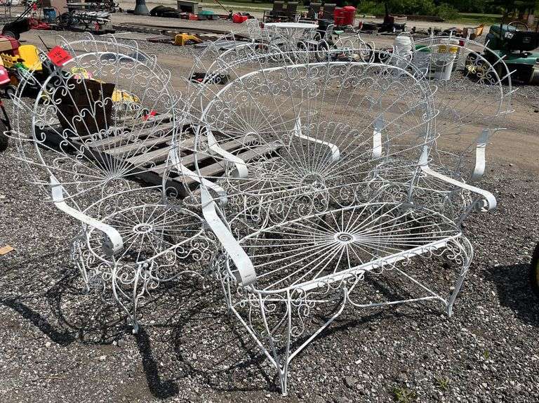 Wire patio chairs, 19" seats x 47"H, bench- 44"W x 48"H, have been ...