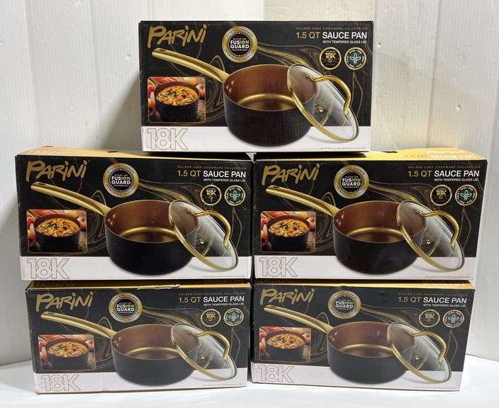 (5) Parini 1.5-quart sauce pans, 18K infused gold coating, box- 14 1/4 ...