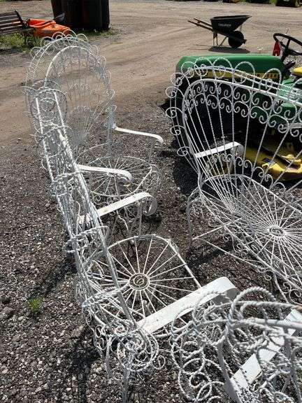 Wire patio chairs, 19" seats x 47"H, bench- 44"W x 48"H, have been ...
