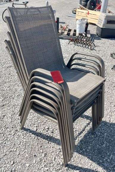 (6) Outdoor lawn chairs, 18" stool, some rust - Albrecht Auction Service
