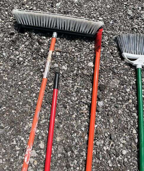 Dirt shovel, (2) House brooms, leaf rake, car wash brush, long handle ...