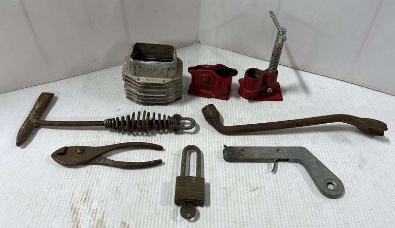 Various tools, includes: 1" pipe clamp, welder chip hammer, spark ...