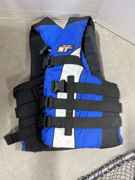 Boat accessories, include: Life jackets, tie-down ropes, and an anchor ...