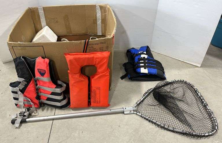 Boat accessories, include: Life jackets, tie-down ropes, and an anchor ...