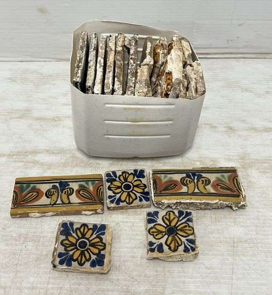 Hand Painted older Mexican tiles, central picture/border, residue on ...