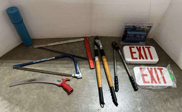 Various saws, large pair of Fiskars loppers, pair of Craftsman loppers ...