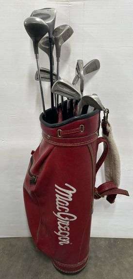 Vintage MacGregor maroon golf bag with (13) Assorted clubs: Gold Max ...