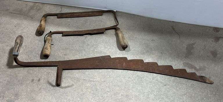 Hay saw, 33"L with 2 1/2" blade; (2) Wood log debarking tools, 15"W ...