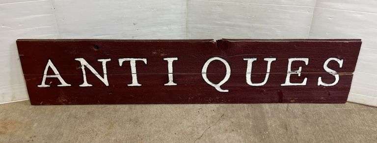Painted barn wood sign, "Antiques" - Albrecht Auction Service