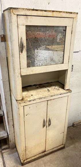 White metal storage hutch cabinet, 24"W x 12"D x 64"H, has wear ...