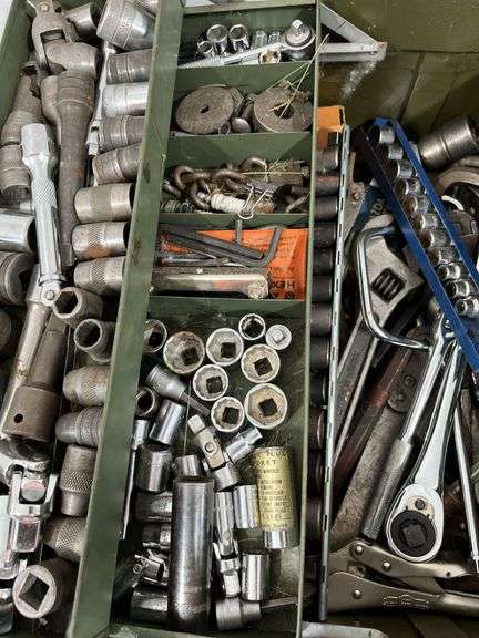 Older Simonsen tool box filled with sockets, SAE and metric, 1/2" drive ...