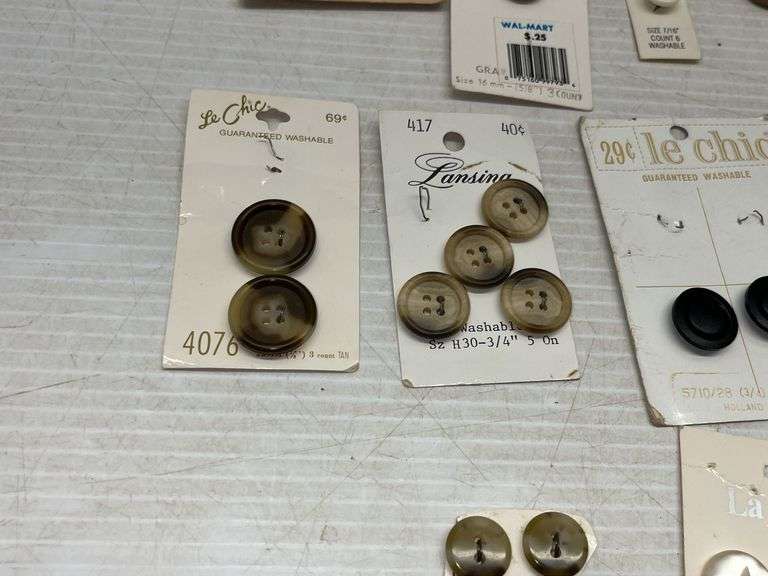 Tin full of buttons on original cards, some full, some older, tin- 7 3/ ...