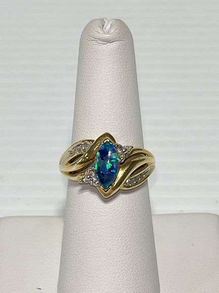 14K yellow gold mosaic opal diamond ring, size 7 1/2, Except where specifically noted, jewelry ...