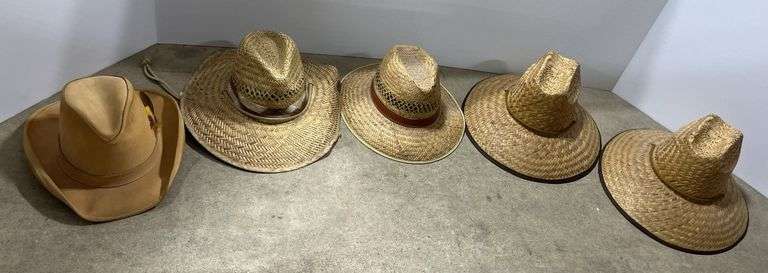 (4) Straw hats, XL, used; Leather hat, larger, new - Albrecht Auction ...