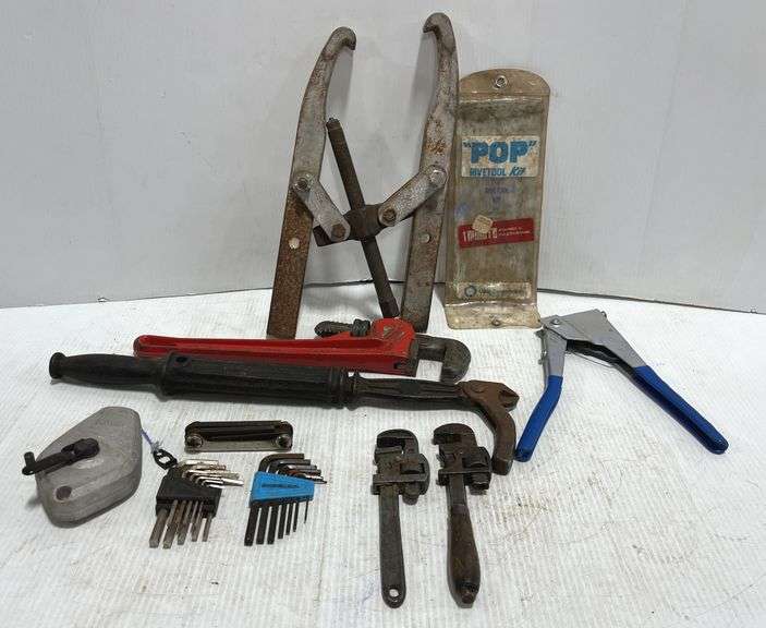 Assorted tools, includes: (3) Pipe wrenches, screw drivers, nailer ...
