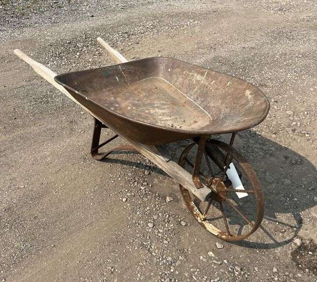 Early 1900s vintage wheelbarrow, 33 1/2" x 25" with 16" steel wheel ...