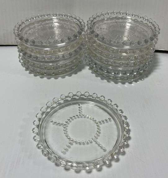 Set of (12) Candlewick coasters, glass spoke design, beaded round ...