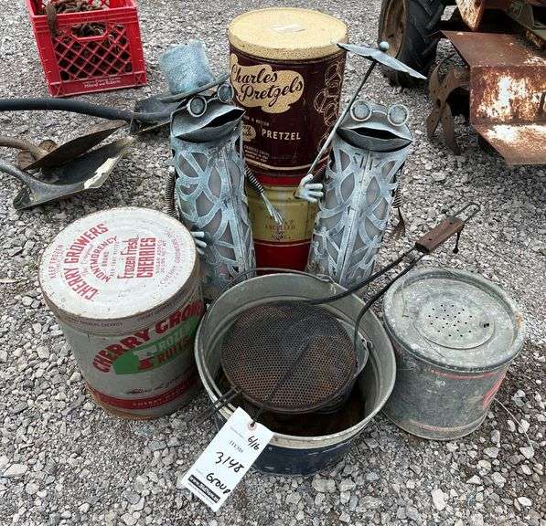 (3) Old food tins, 8" to 12"W; (2) Metal frog yard decor, 24"H each; (2 ...
