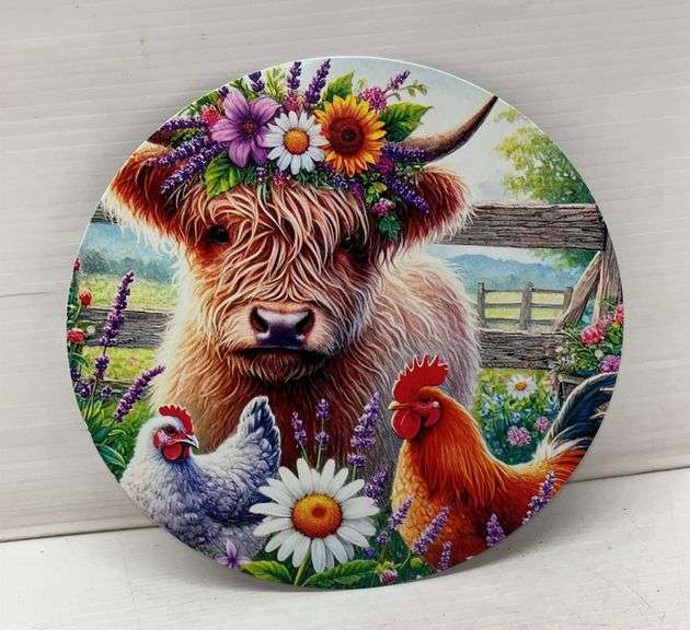 Highland cow and chicken round modern metal sign, 7 3/4"Dia - Albrecht ...