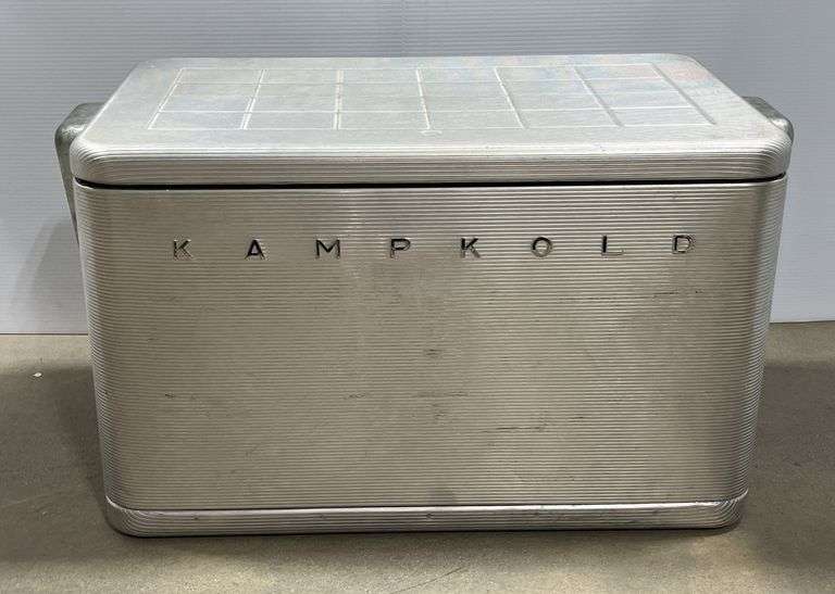 Older 1950s Kampkold aluminum ice chest with original hinged shelf and ...