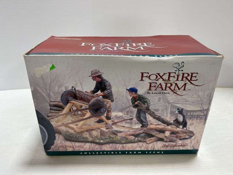 (2) Foxfire Farms collectible farm scenes: "Helping Dad" and man's shop repair, sold by TSC back ...