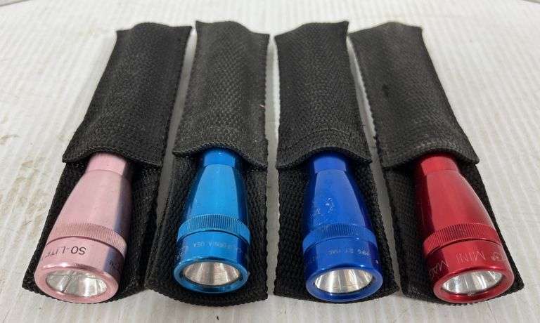 (4) Small Maglite flashlights with storage case, red, blue, and pink in ...