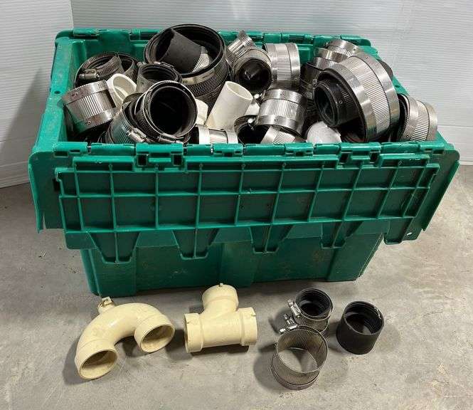 Tote filled with PVC and furnace fittings, tote- 22"W x 12 1/2"D x 12. ...