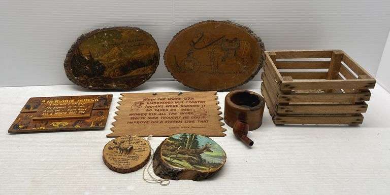 Older wooden signs, a wood crate, and a wooden ash trap, and a pipe ...