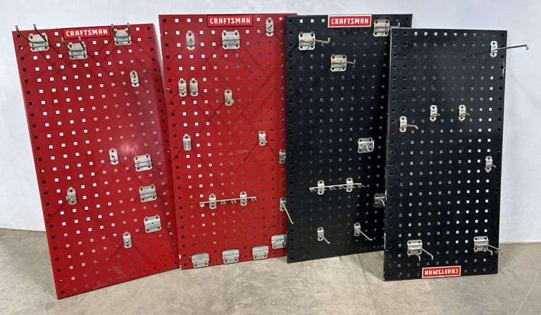 (4) Sections of Craftsman metal shop peg board organizers with hooks ...
