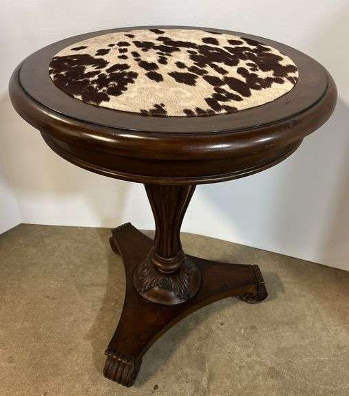 Western end table cow print top, 27 3/4"H - Albrecht Auction Service