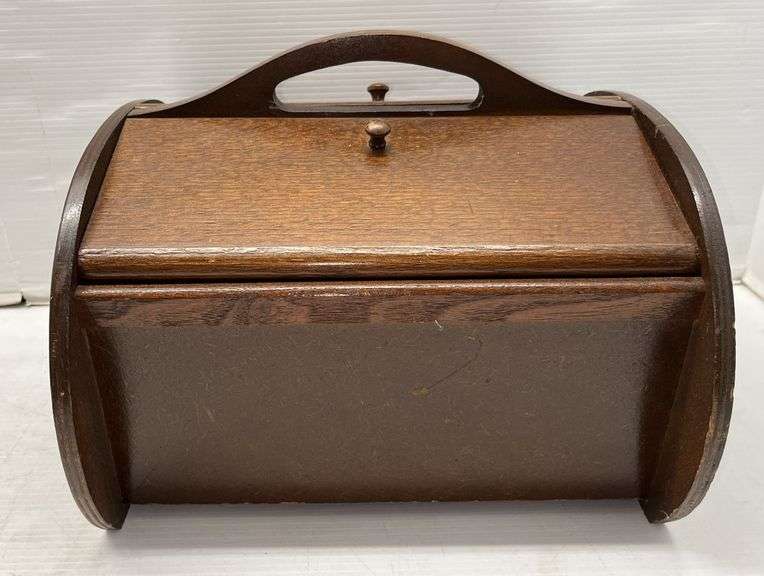 Wooden sewing box, two-door top with thread tray and carrying handle ...