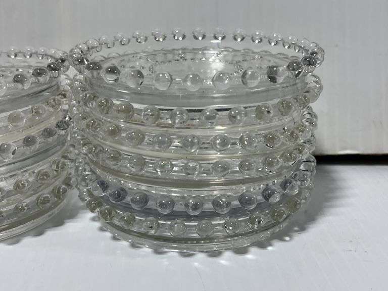 Set of (12) Candlewick coasters, glass spoke design, beaded round ...