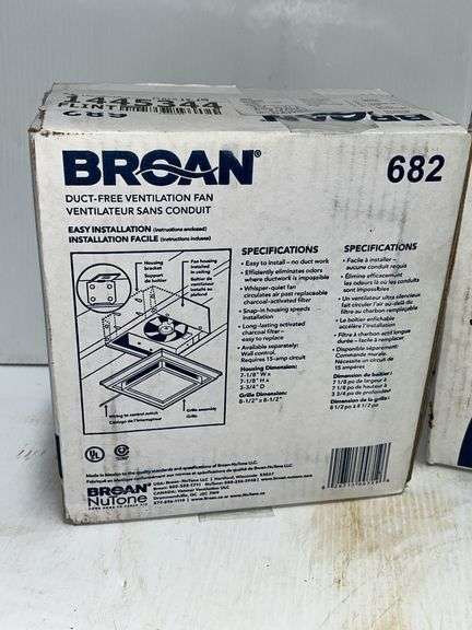 (2) Broan bathroom fans, box- 8 1/2"W, new - Albrecht Auction Service