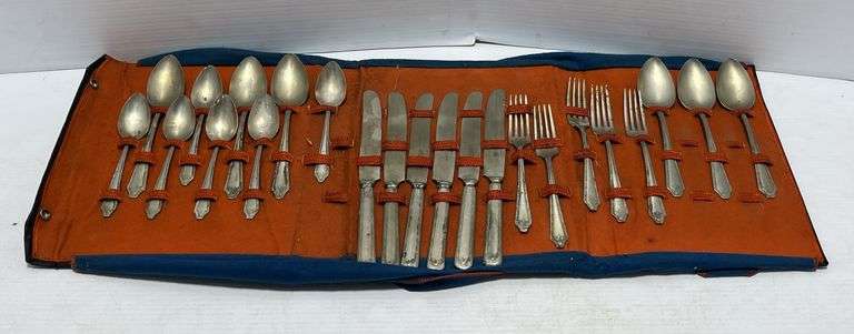 Older silverware set in case, marked nickel silver, case- 10 3/4"H ...