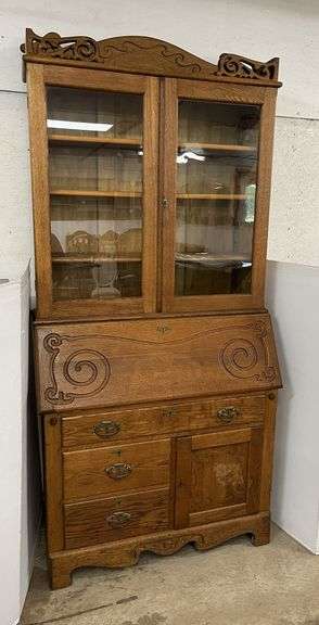 Antique 2-Piece Secretary with Hutch Top, Original Wavy Glass and Key ...