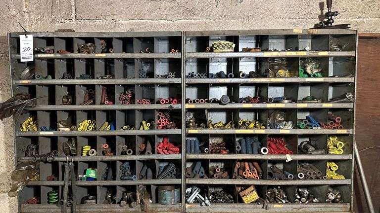 (2)-Metal Parts Cabinets Full of Springs and Other. Cabinets are bolted ...