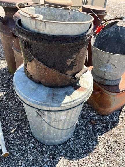 Antique cans, includes: Galvanized trash can, 17"H; Galvanized coal ...