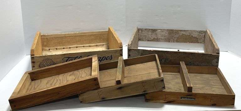 Wooden boxes: (2) Grape crates, 6" x 15" x 18"; (3) Wooden trays/boxes ...