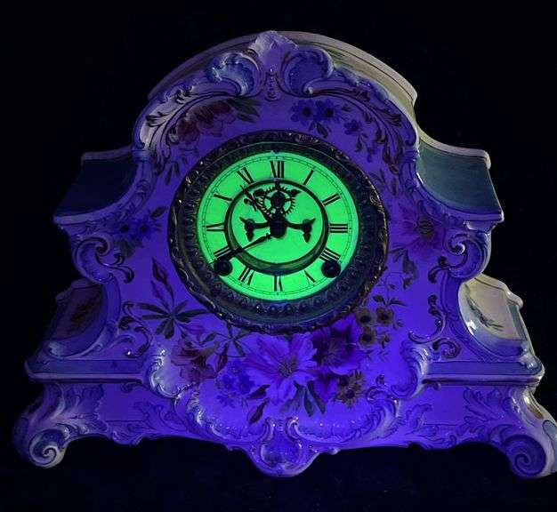 1882 Ansonia clock, 14"W x 5"D x 11 1/2"H, face glows under black light ...