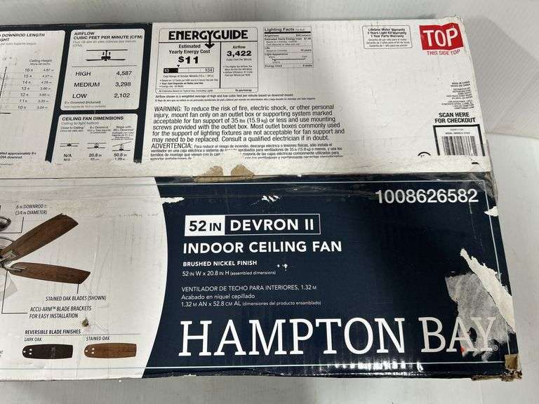 Hampton Bay "Devron II" indoor ceiling fan, 52" fan with LED light kit ...