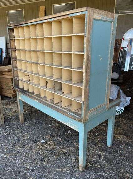 Antique post office cubby table, oak, 64"W x 31 1/2"D x 70"H, some ...